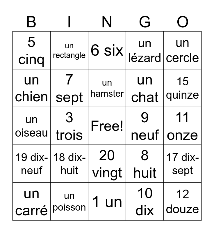 Révision chiffres, formes, animaux Bingo Card