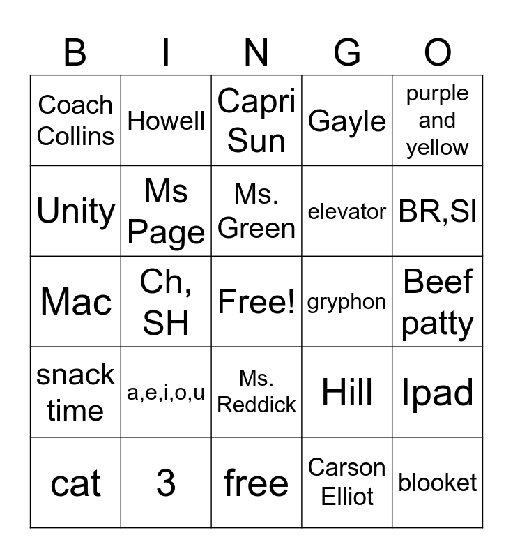 1st Grade Unity Bingo Card