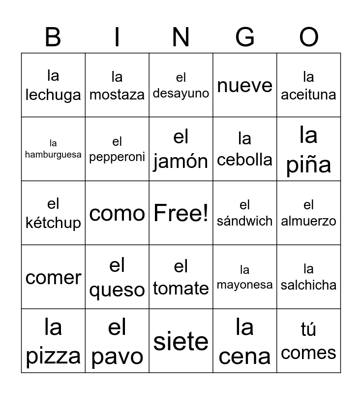 La Comida Bingo Card
