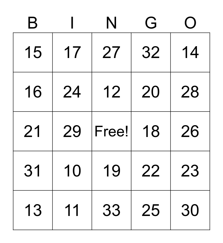 Number Bingo 10-33 Bingo Card