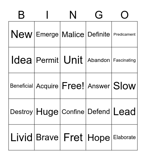 Synonyms Bingo Card
