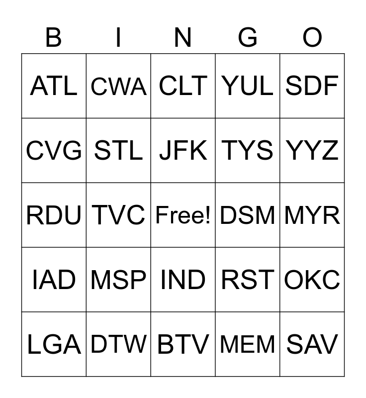 Airport codes Bingo Card