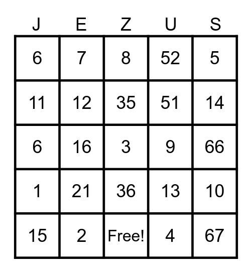 Number Bingo 1-16 Bingo Card