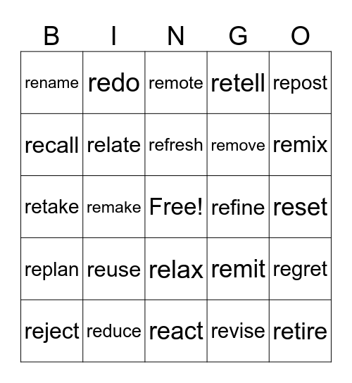 re- prefix Bingo Card