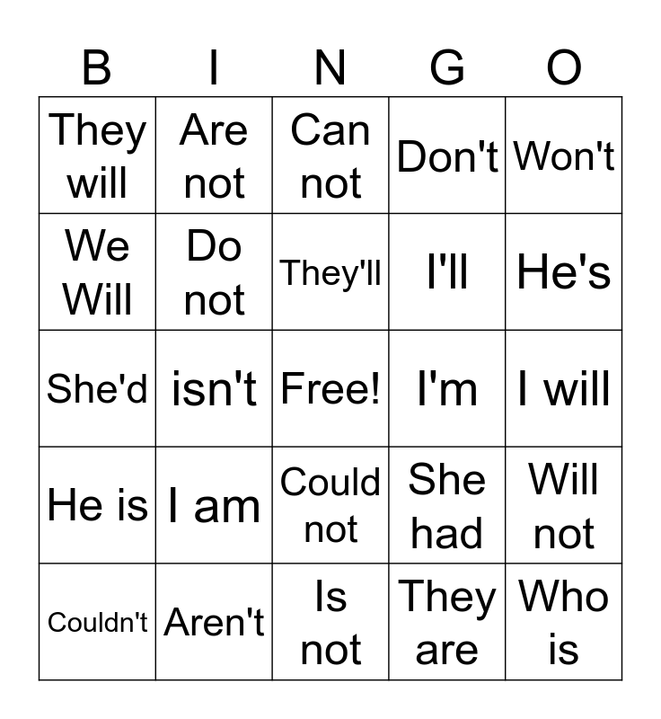 Contraction Bingo Card