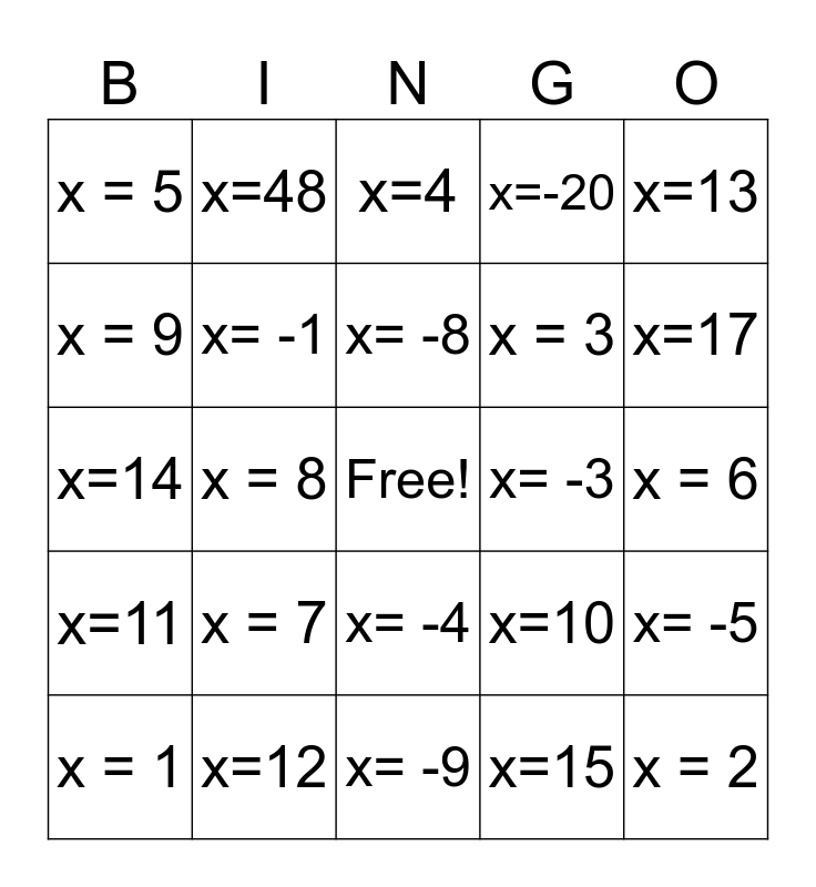 Solving Equations Bingo Card