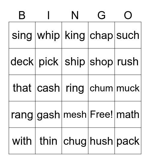 Digraphs Bingo Card