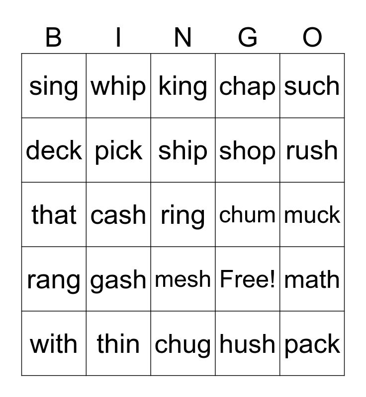 Digraphs Bingo Card