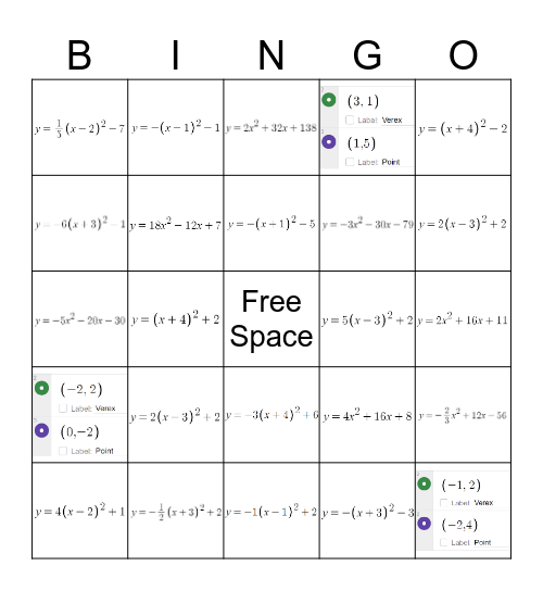 Quadratic Graphs & Equations Bingo Card