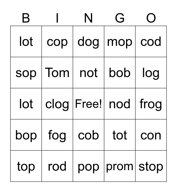 Short /O/ Bingo Card