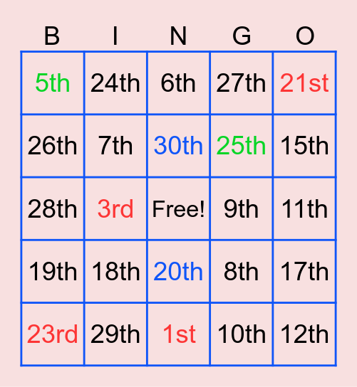 Ordinal numbers Bingo Card