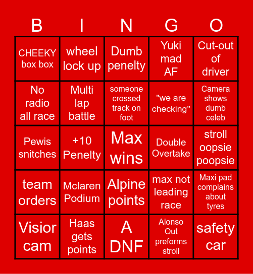 F1 bingo 2024 Bingo Card