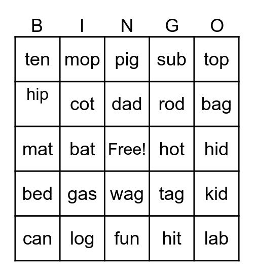 CVC Words Bingo Card