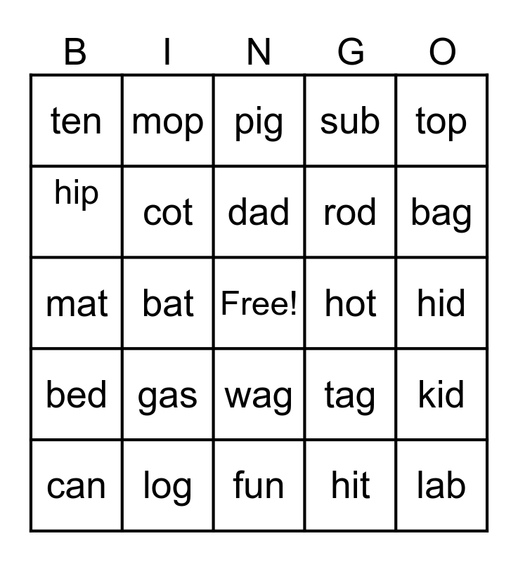 CVC Words Bingo Card