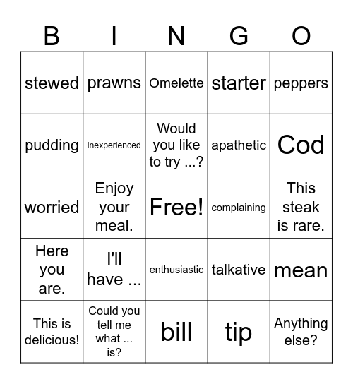 Restaurant Bingo Card
