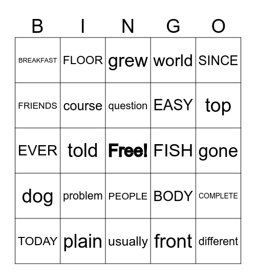 Grade 4 Sight Word Bingo Card