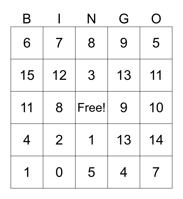 Numbers Bingo Card