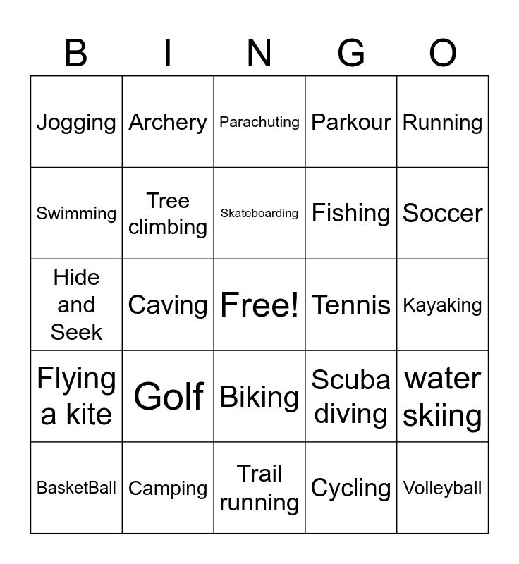 Outdoor Activities Bingo Card