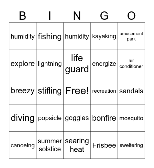 Summer Vocab Bingo Card
