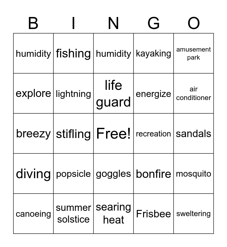 Summer Vocab Bingo Card