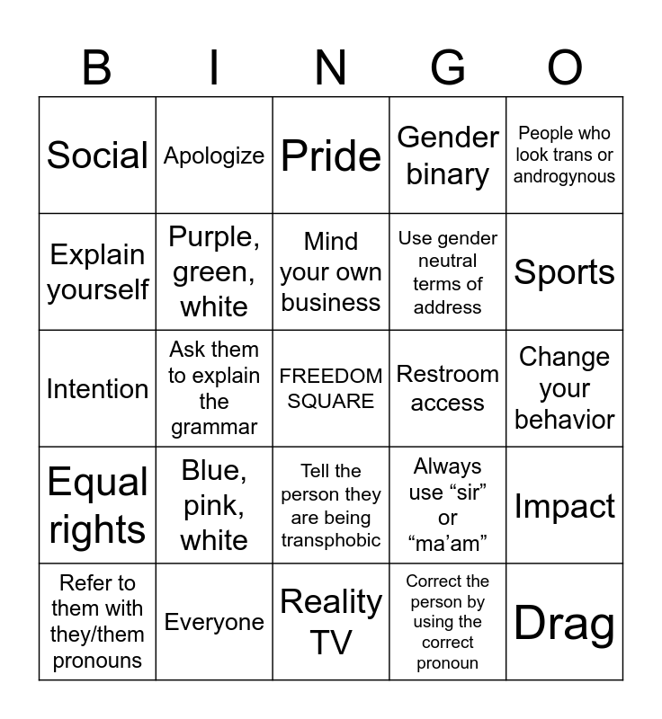 Trans Inclusion Bingo Card