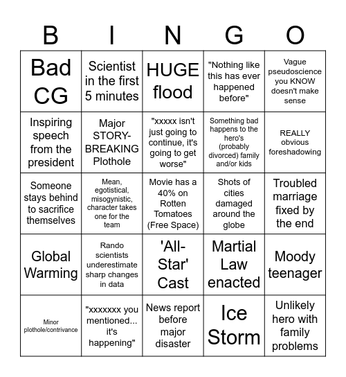 Disaster Movie Bingo Card
