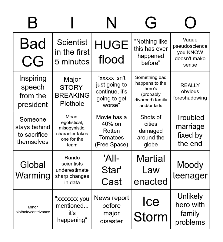Disaster Movie Bingo Card