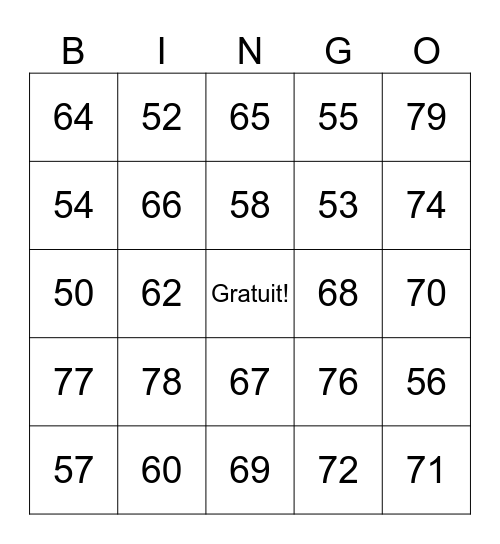 French Numbers 60-79 Bingo Card