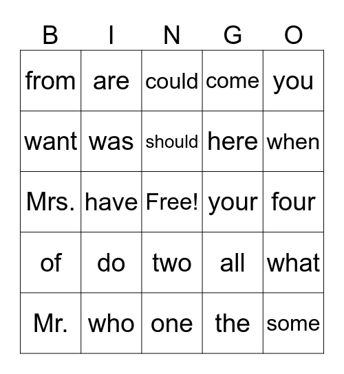 Grade 1 Red Words Bingo Card