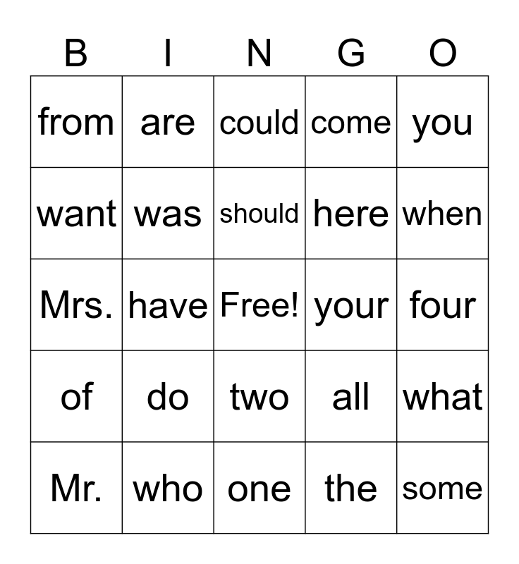 Grade 1 Red Words Bingo Card