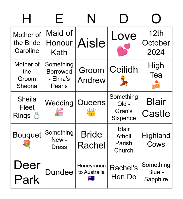 Rachel's Hen Do Bingo Card