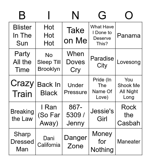 Men Of The 80's Bingo Card