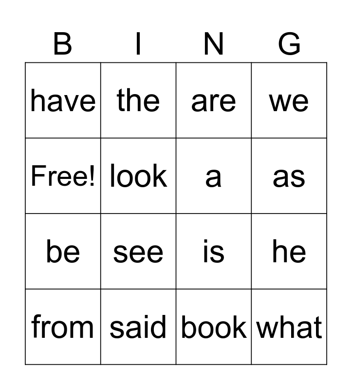 Heart Word - 1-34 Bingo Card