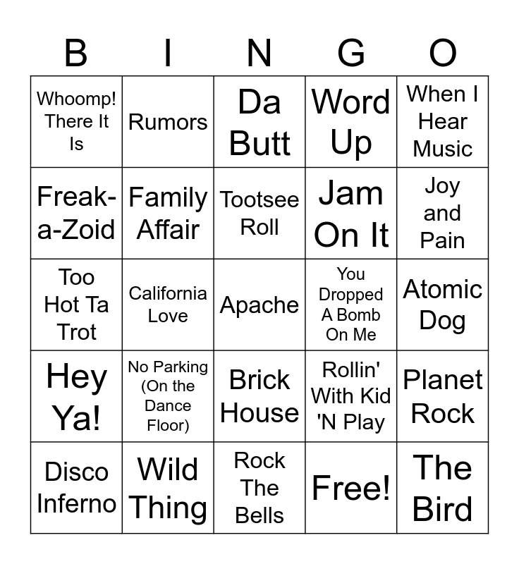 Throwback Jams Bingo Card