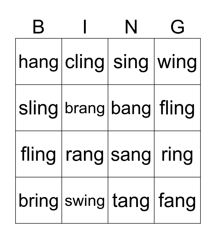 -ing -ang Words Bingo Card