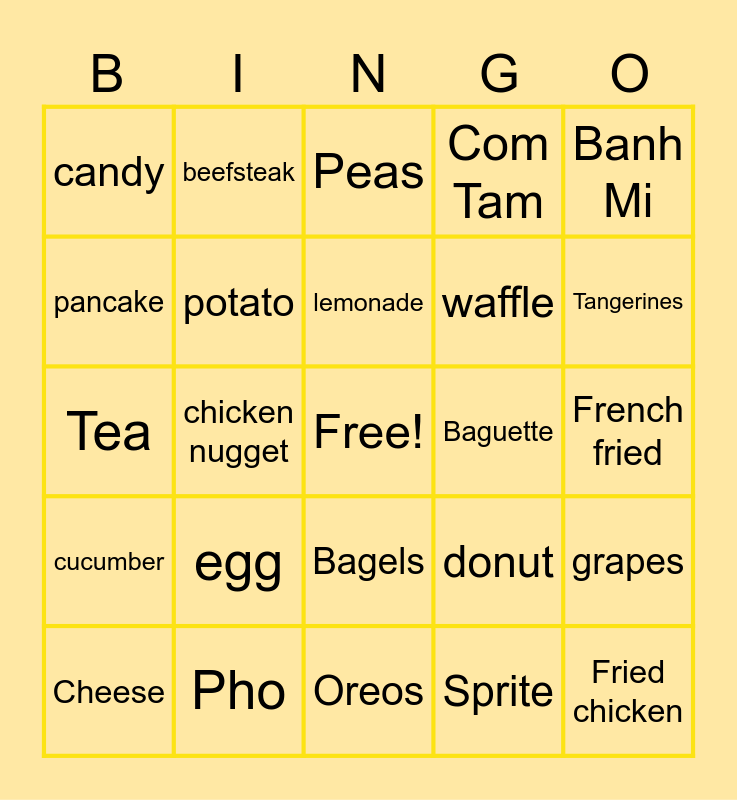 Food and Beverage Bingo Card