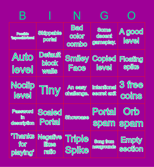 GD: Recent Level Bingo Card
