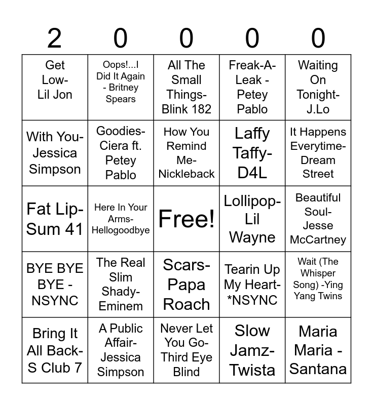 2000s Music Bingo Card