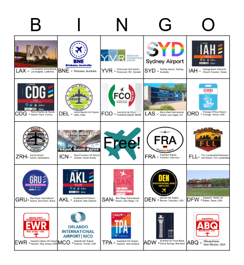 Airport Code Bingo Card