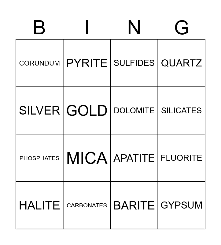 Mineral Bingo Card