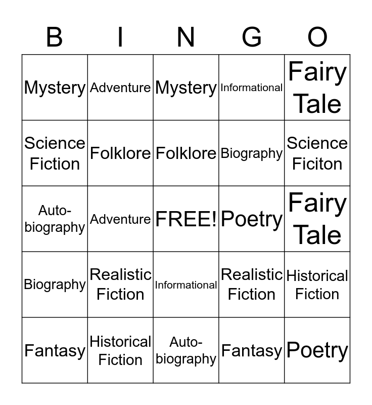 Reading Genre Bingo Card