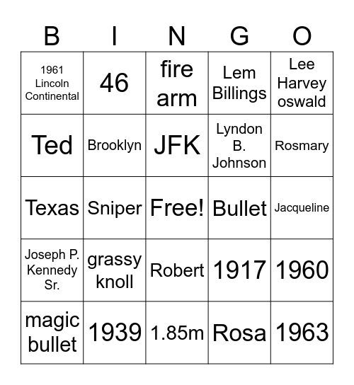 JFK Bingo Card