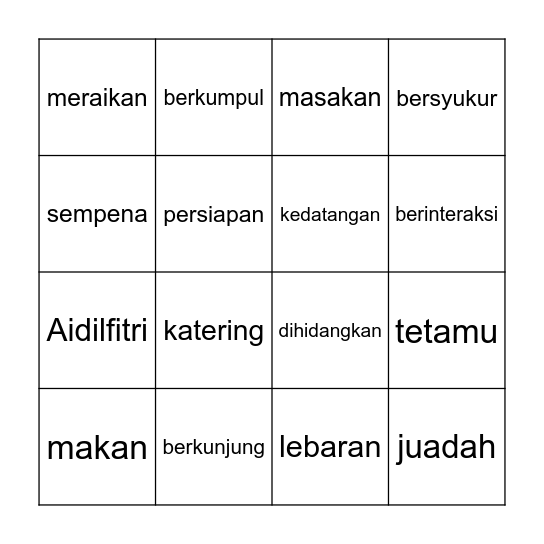 Rumah Terbuka Hari Raya Kembali Rancak! (Kata Nama & Kata Kerja) Bingo Card