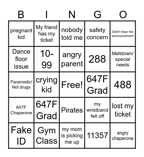 Grad Night Bingo Card