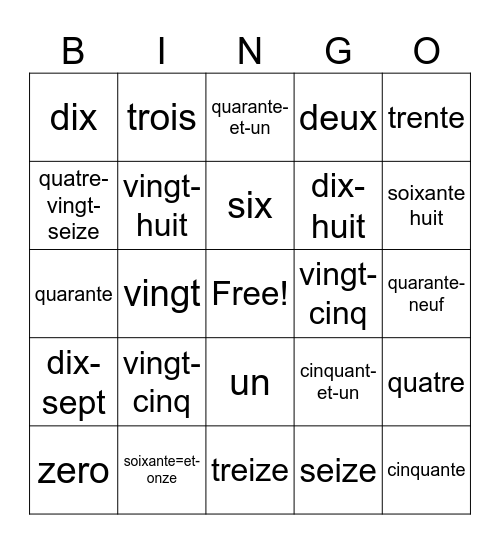 Les nombres en francais Bingo Card