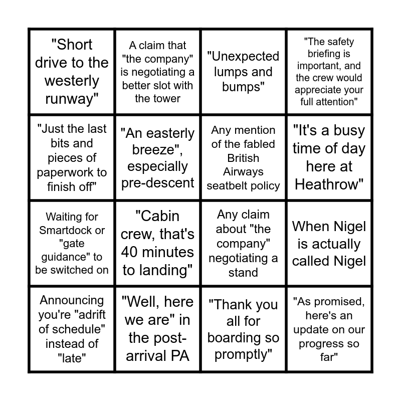 BA Pilot ("Nigel") Bingo Card