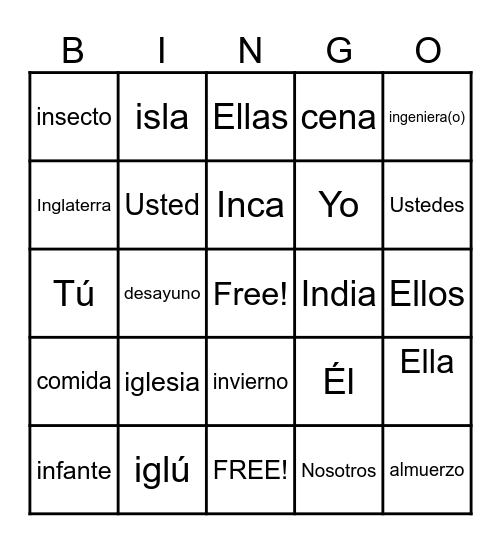 Vocabulario Bingo Card