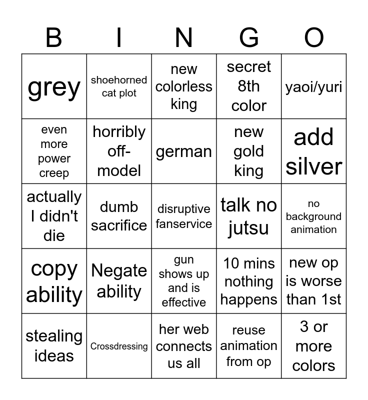 K project Bingo Card