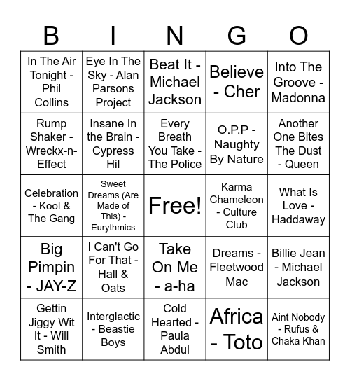 Ultimate 80's & 90's Bingo Card