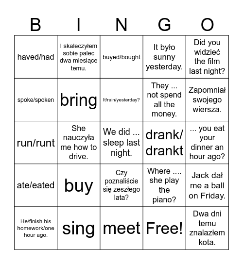 Past Simple Bingo Card